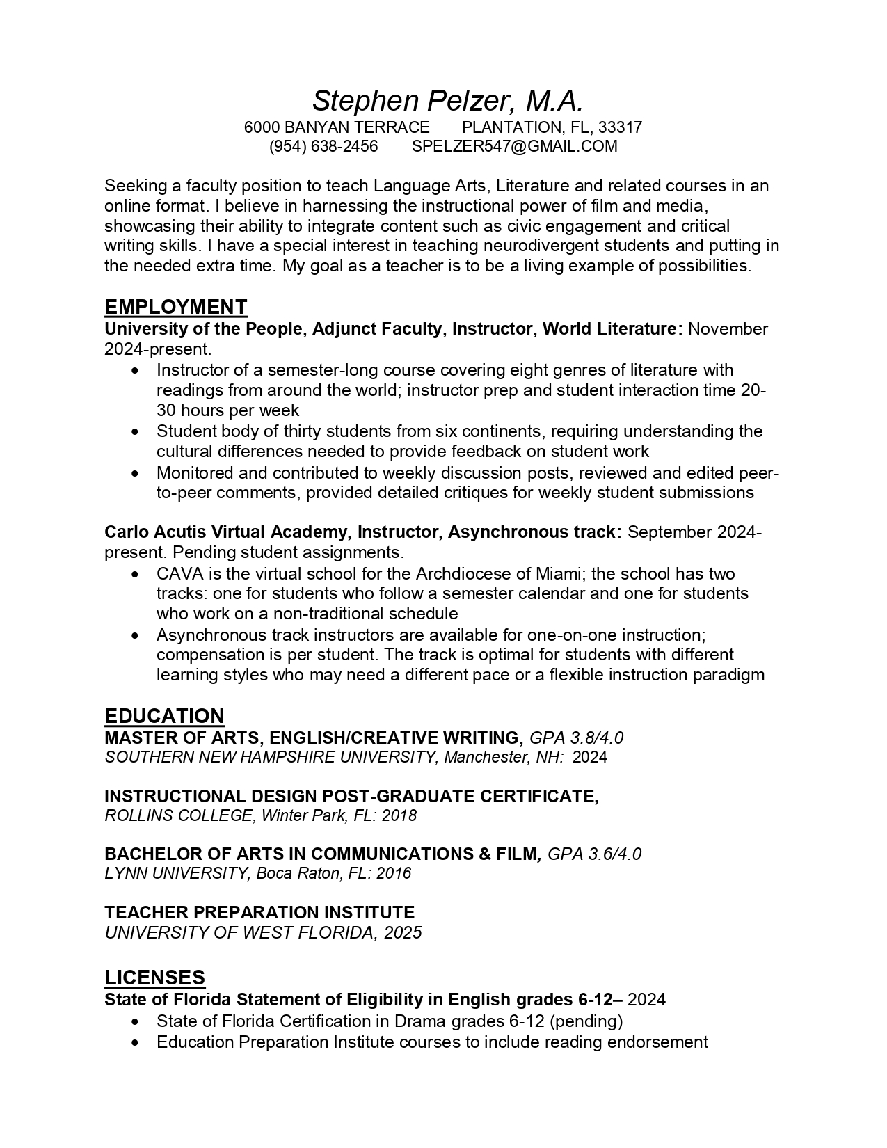 Resume – Stephen H. Pelzer